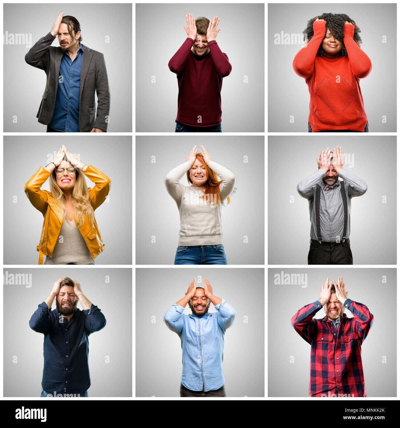 Group of mixed people, women and men terrified and nervous expressing ...