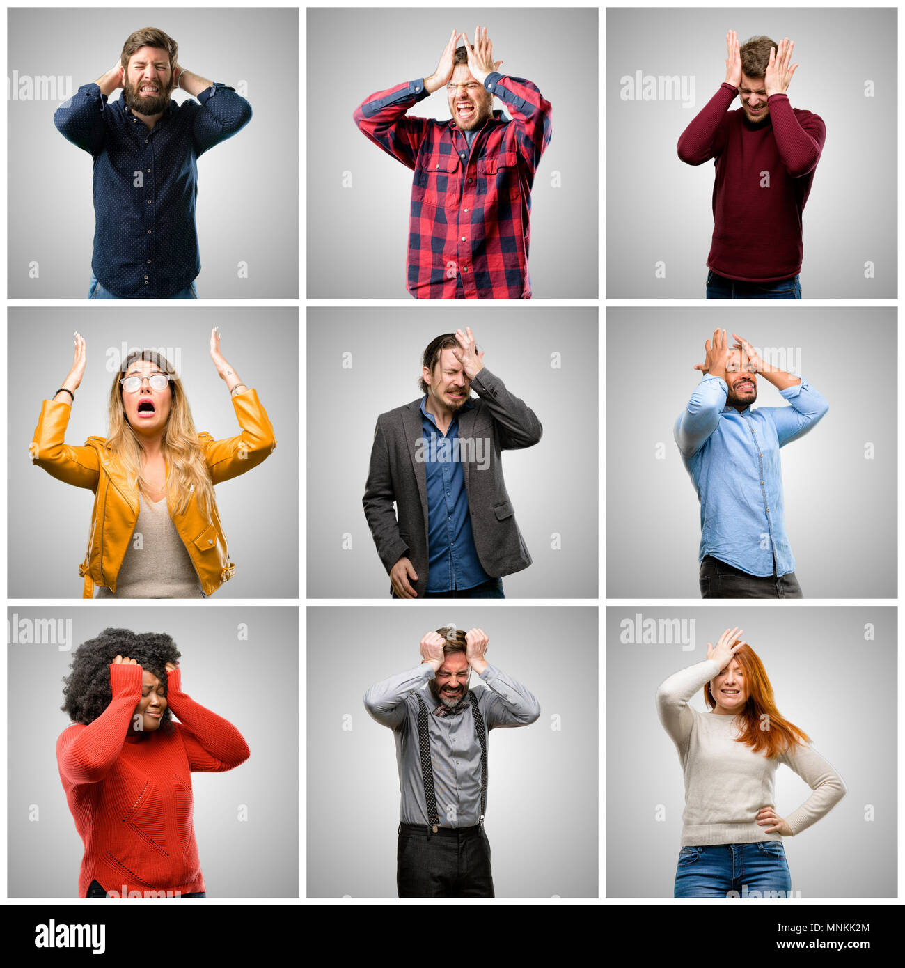 Group of mixed people, women and men terrified and nervous expressing ...