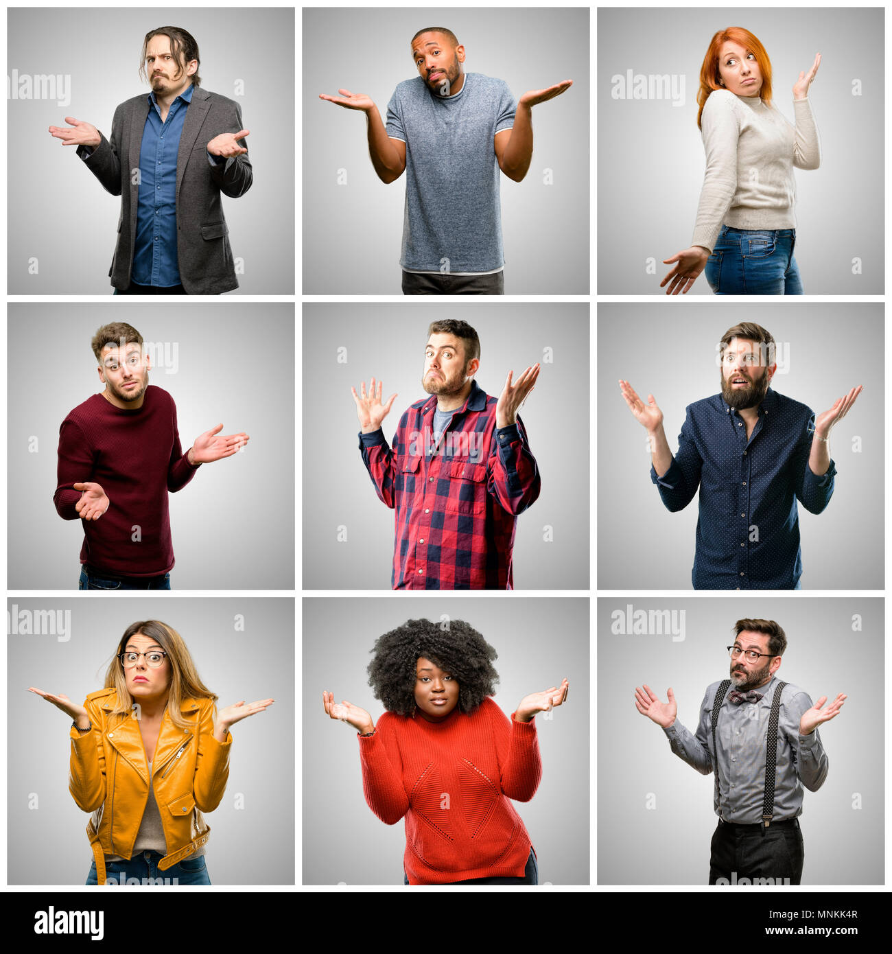 Group of mixed people, women and men doubt expression, confuse and ...