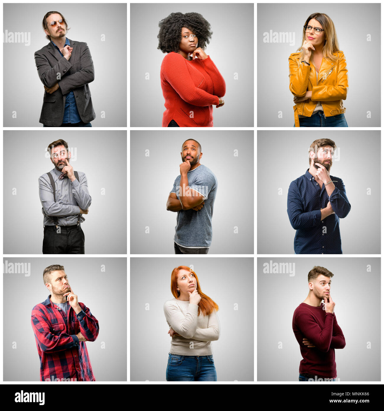 Group of mixed people, women and men thinking and looking up expressing ...