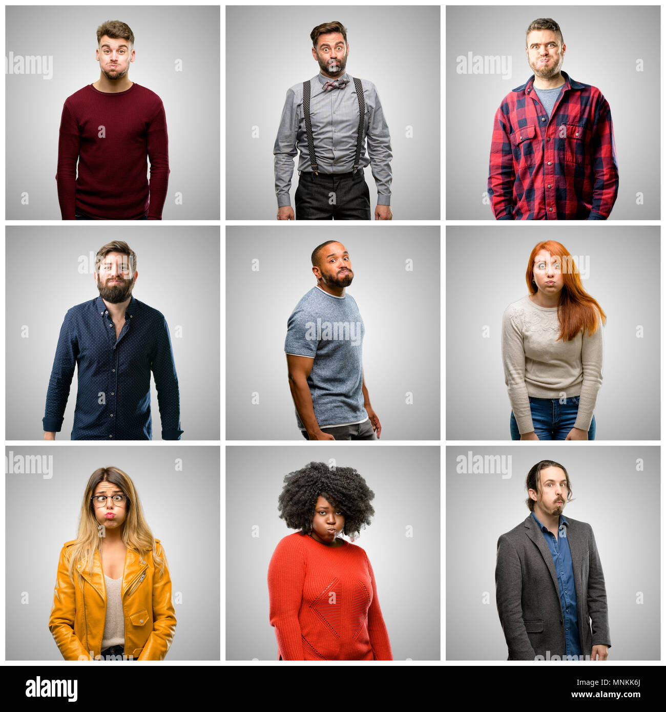 Group of mixed people, women and men puffing out cheeks, having fun ...