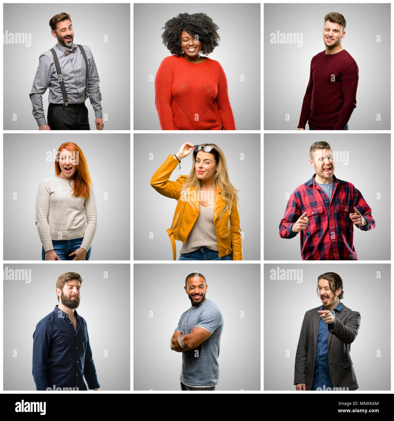 Group of mixed people, women and men blinking eyes with happy gesture ...