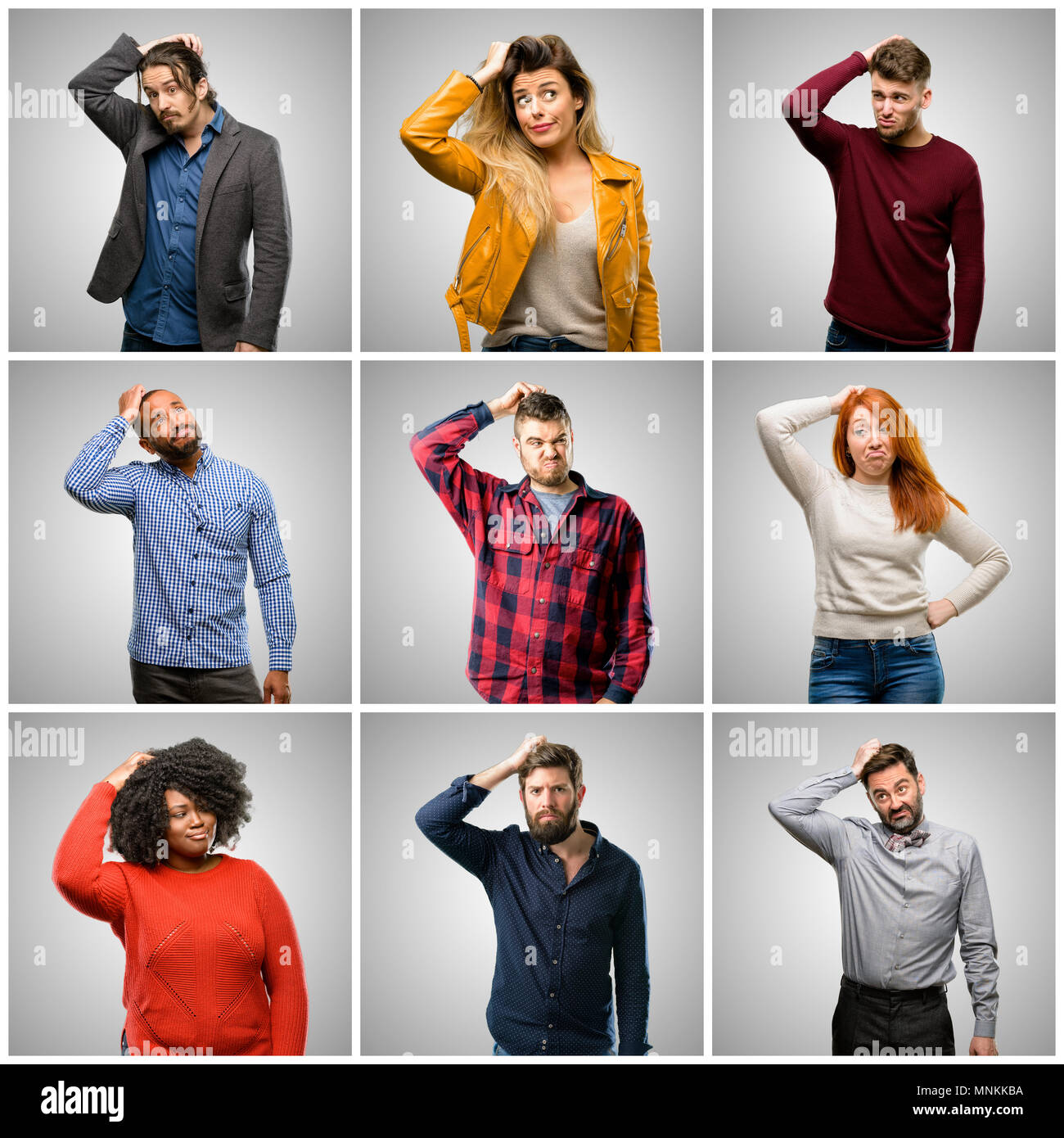 Group of mixed people, women and men doubt expression, confuse and ...