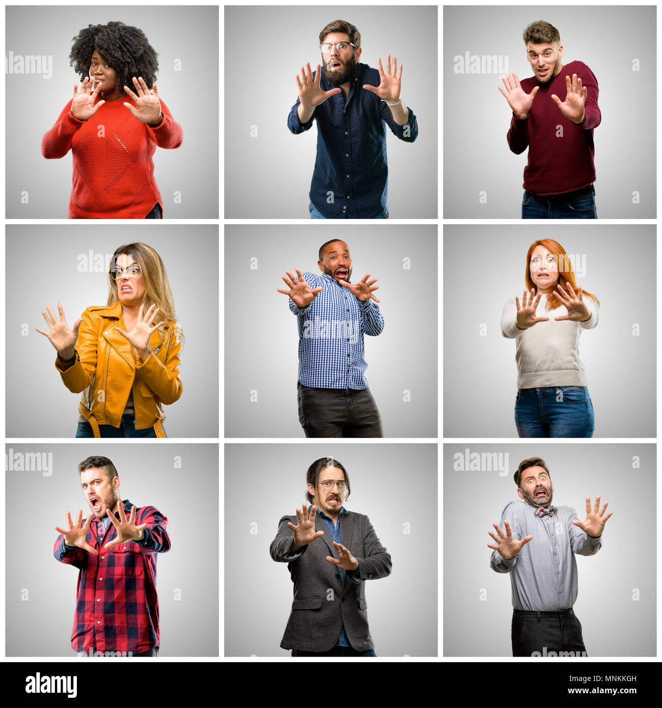 Group of mixed people, women and men disgusted and angry, keeping hands ...