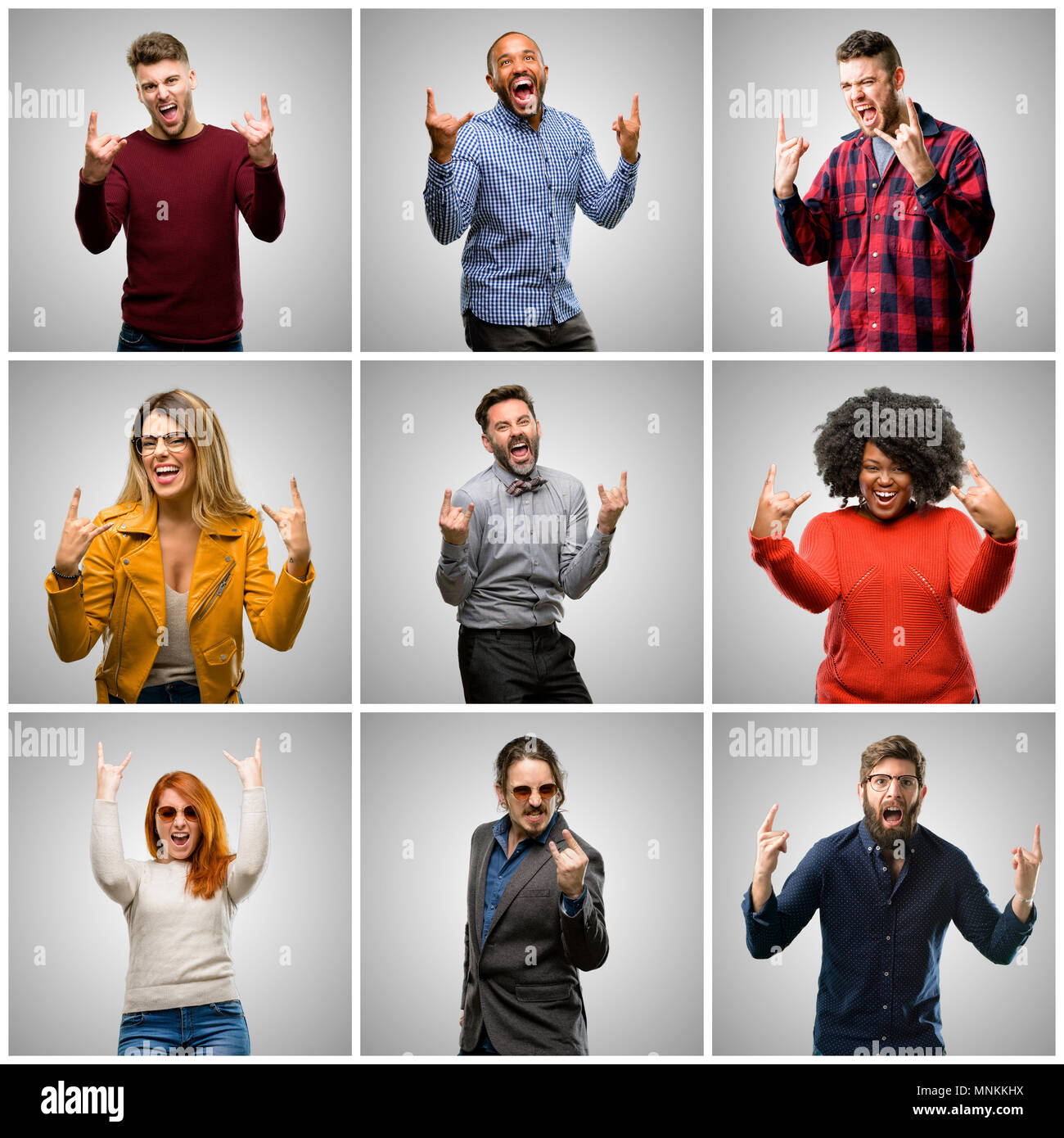 Group of mixed people, women and men making rock symbol with hands ...