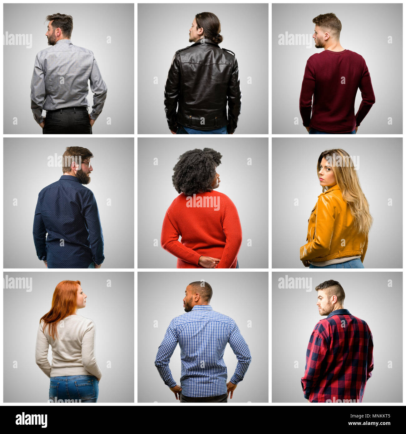 Group of mixed people, women and men backside, rear view Stock Photo ...
