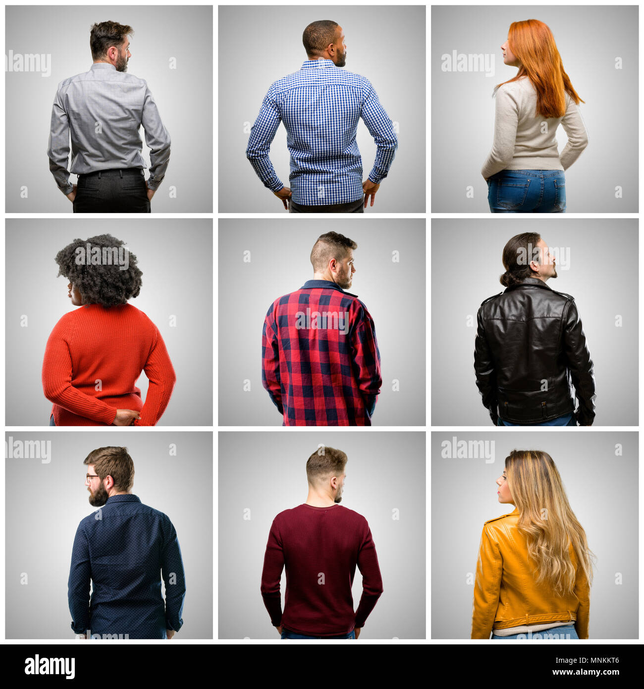 Group of mixed people, women and men backside, rear view Stock Photo ...