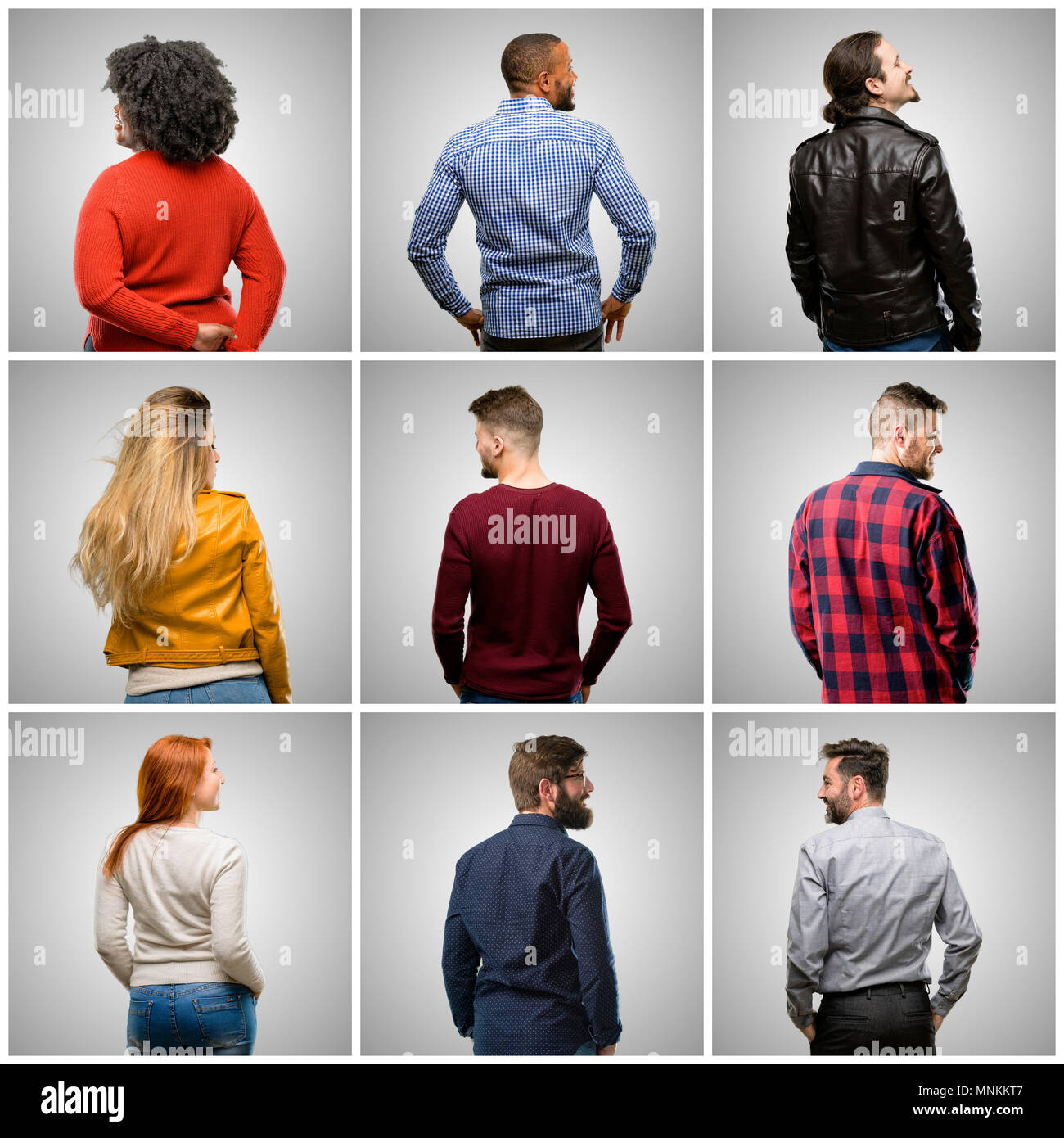Group of mixed people, women and men backside, rear view Stock Photo ...