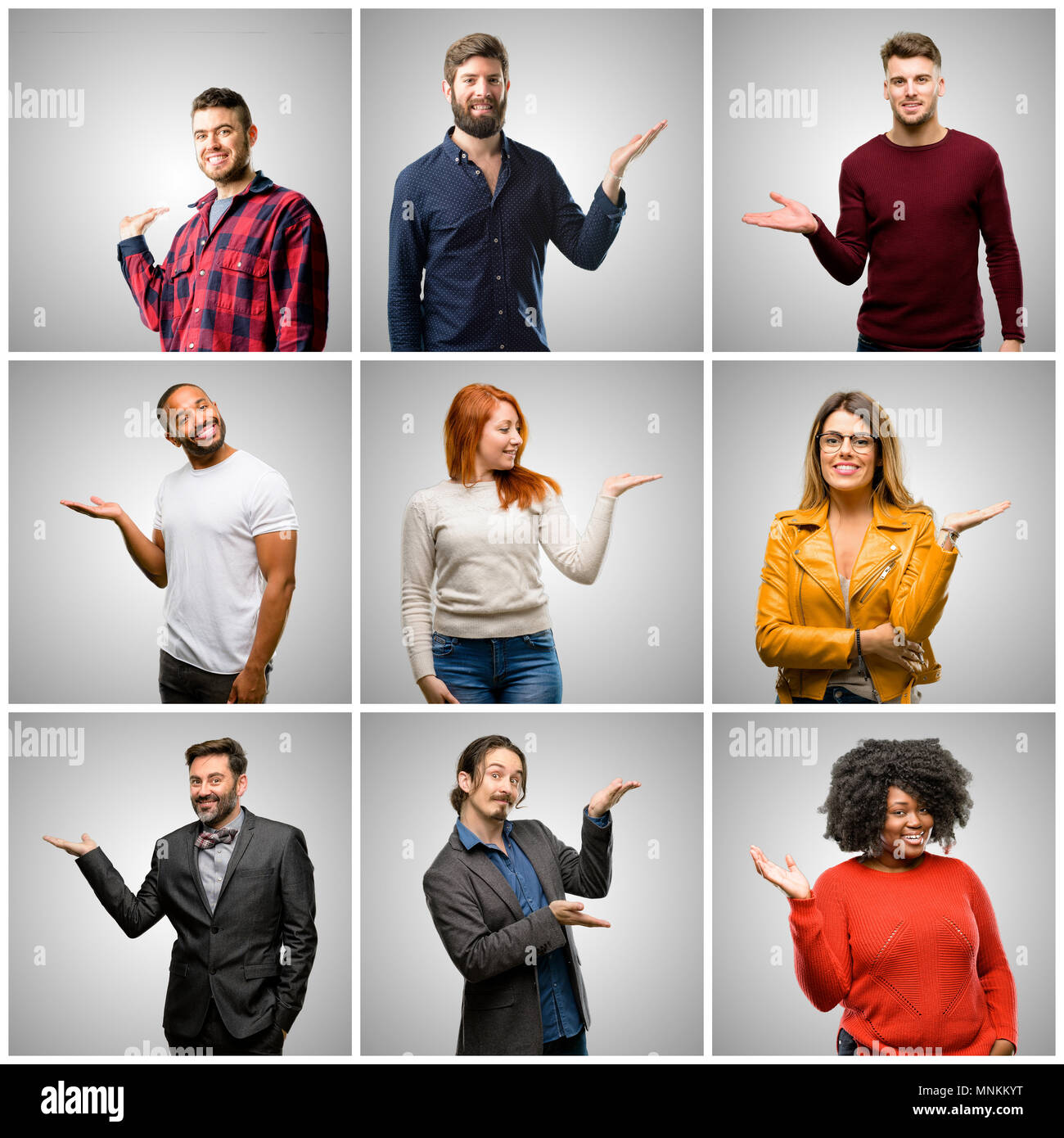 Group of mixed people, women and men holding something in empty hand ...