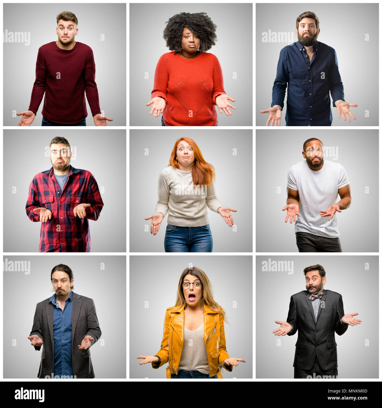 Group of mixed people, women and men doubt expression, confuse and ...