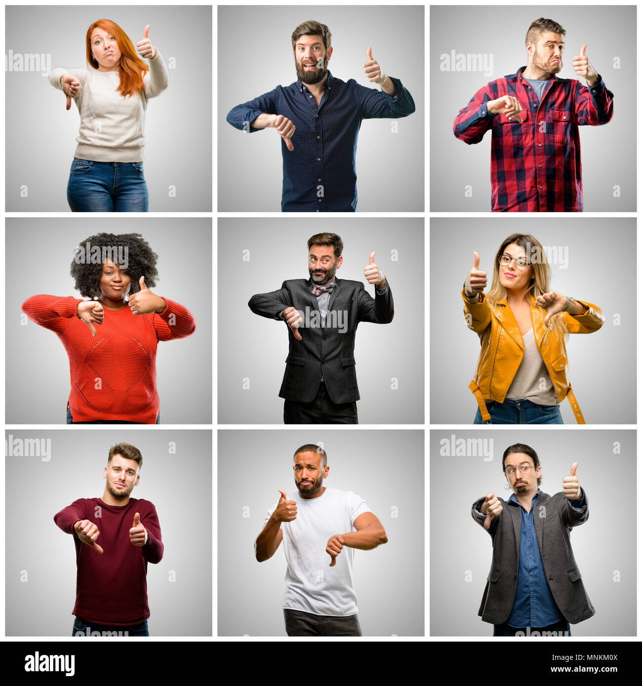 Group of mixed people, women and men confused with thumbs up and down ...