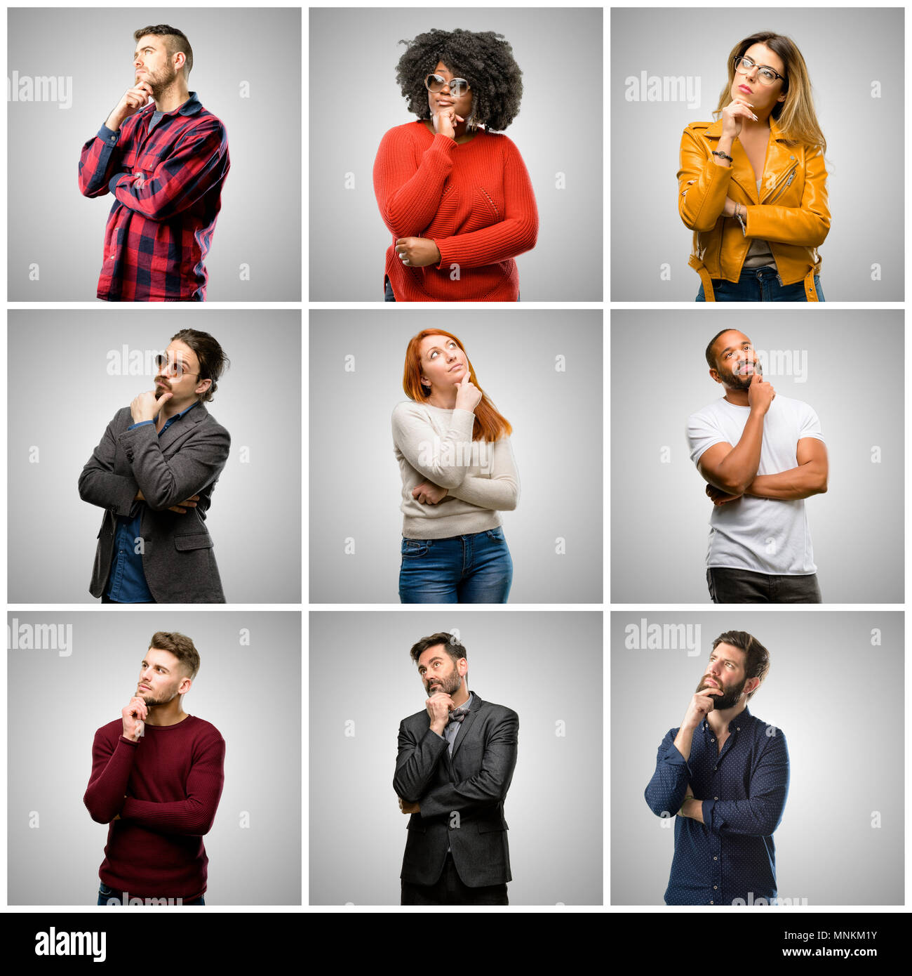 Group of mixed people, women and men thinking and looking up expressing ...