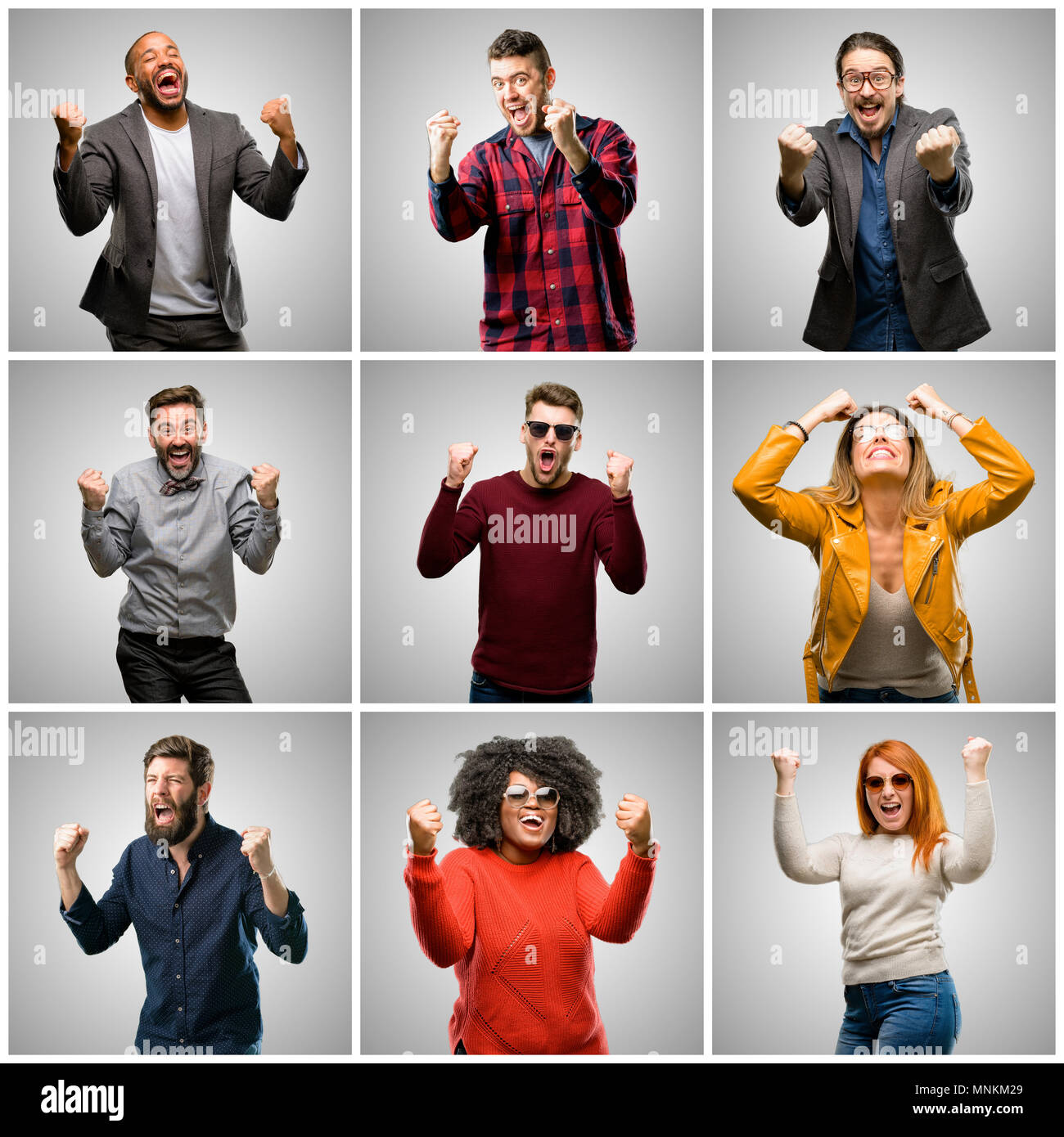 Group of mixed people, women and men happy and excited celebrating ...