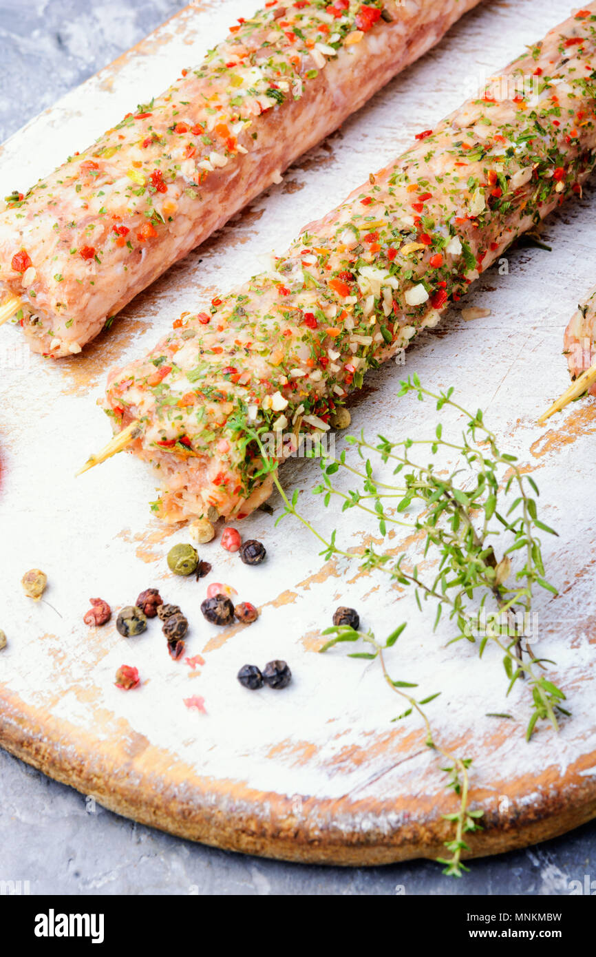 Raw turkish traditional dish meat kebab with herbs and spices Stock ...