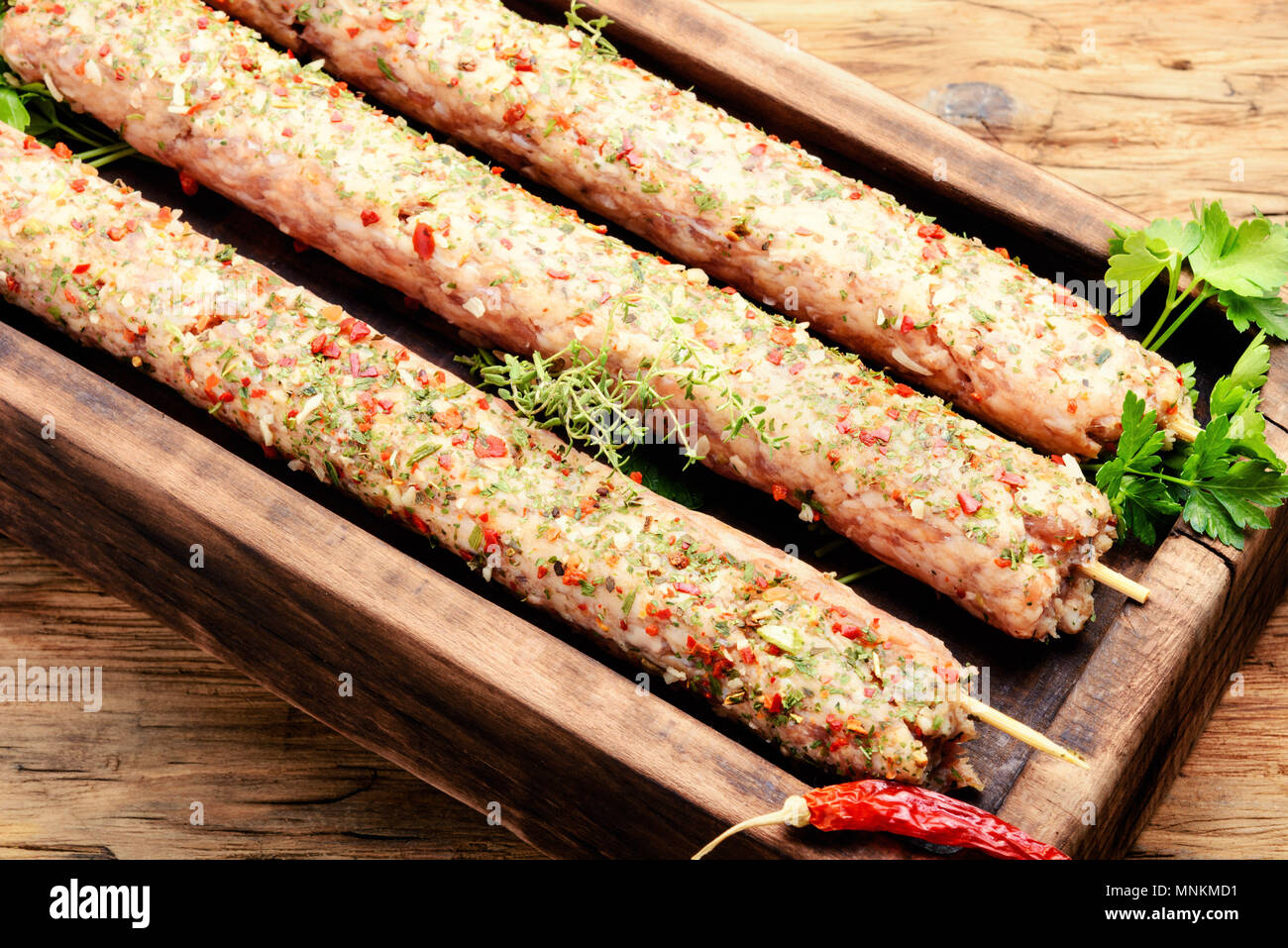 Raw turkish traditional dish meat kebab with herbs and spices Stock ...