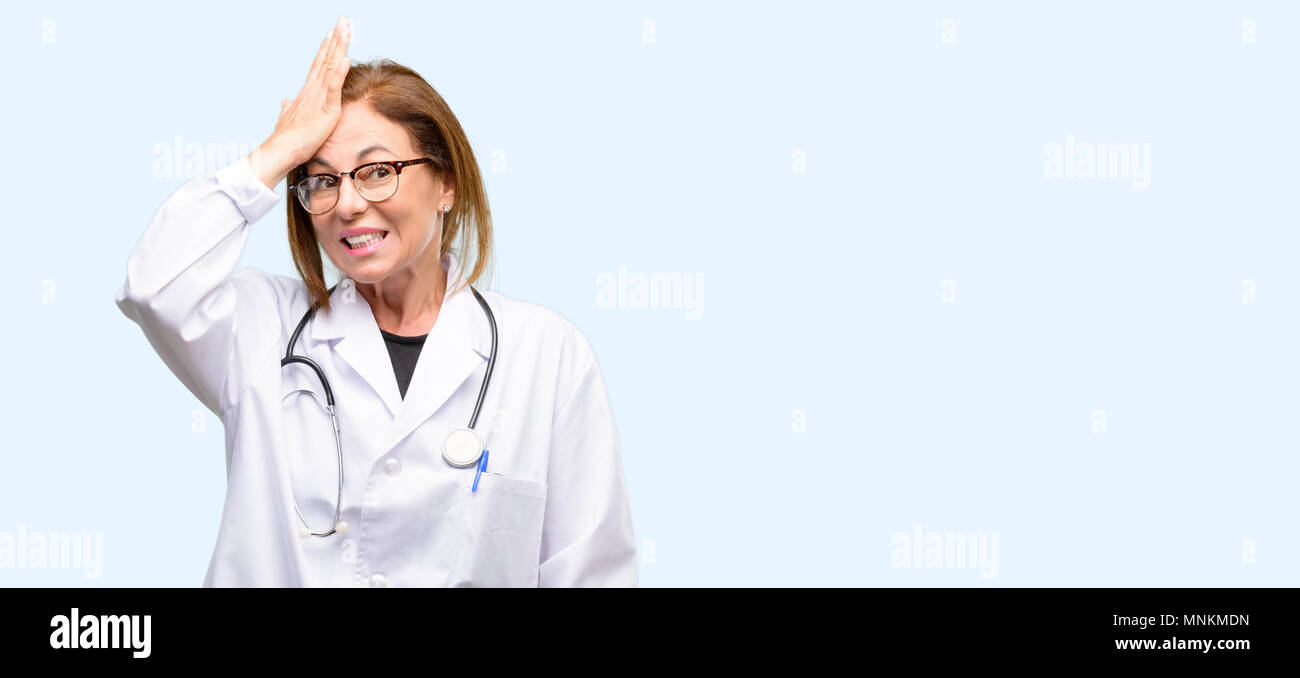 Doctor woman, medical professional terrified and nervous expressing ...