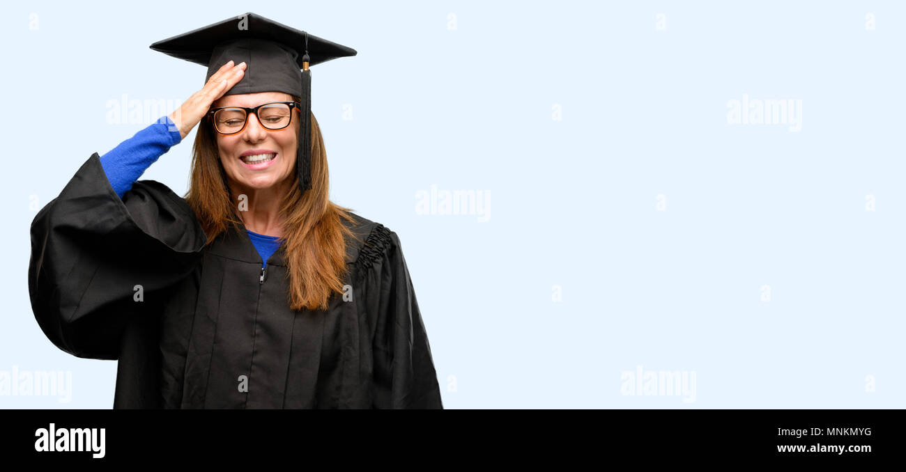 Senior graduate student woman terrified and nervous expressing anxiety ...