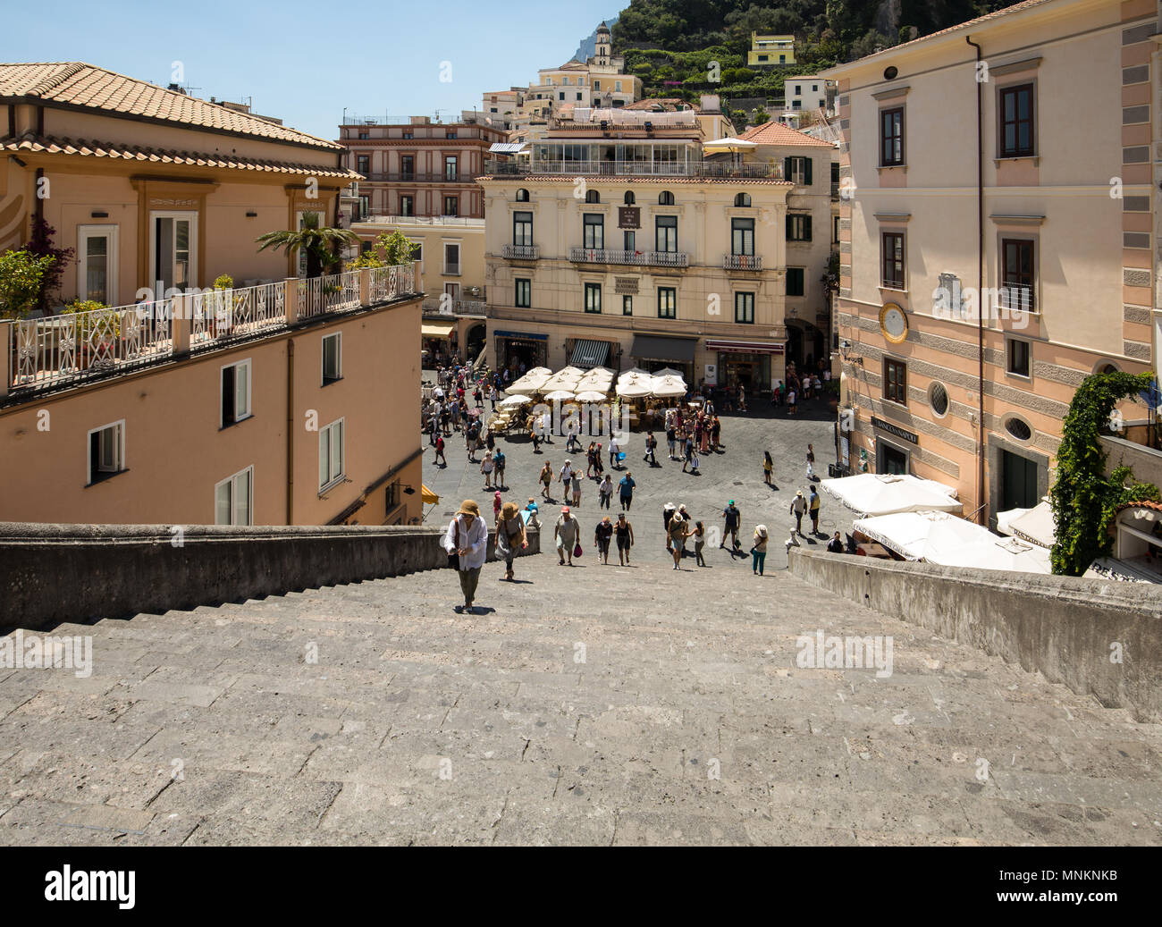 Amalfi, Italy - June 13, 2017: Tourists visit famous Piazza del Duomo ...