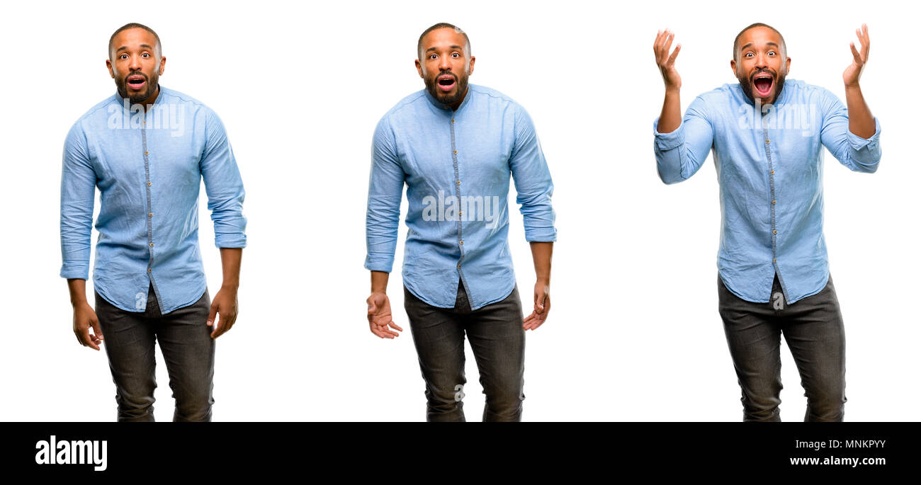 African american man with beard scared in shock, expressing panic and ...