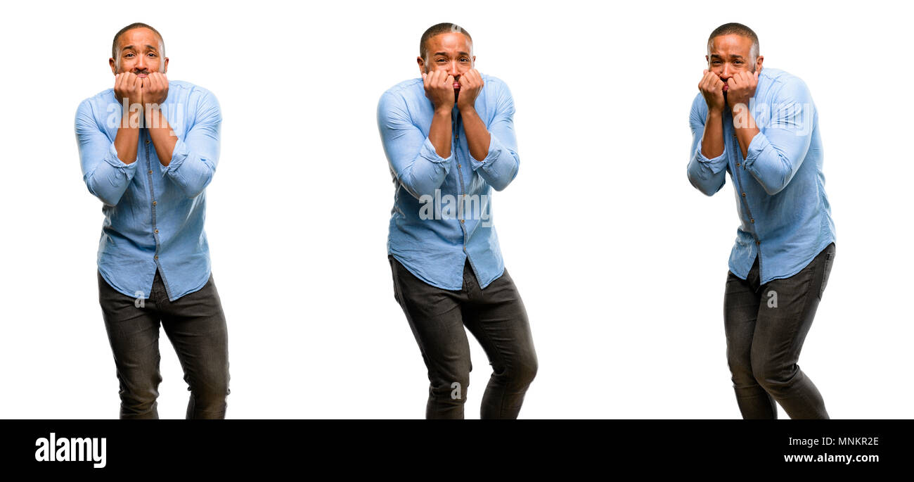 African american man with beard terrified and nervous expressing ...