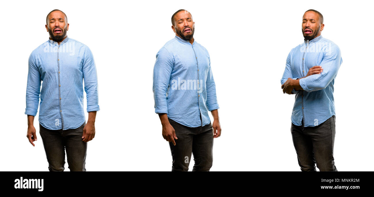 African american man with beard crying depressed full of sadness ...