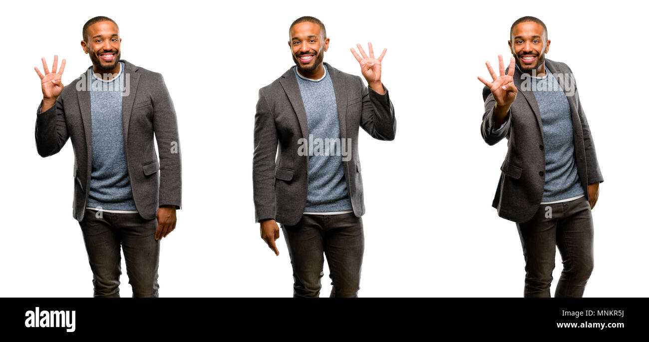 African american man with beard raising finger, is the number four ...