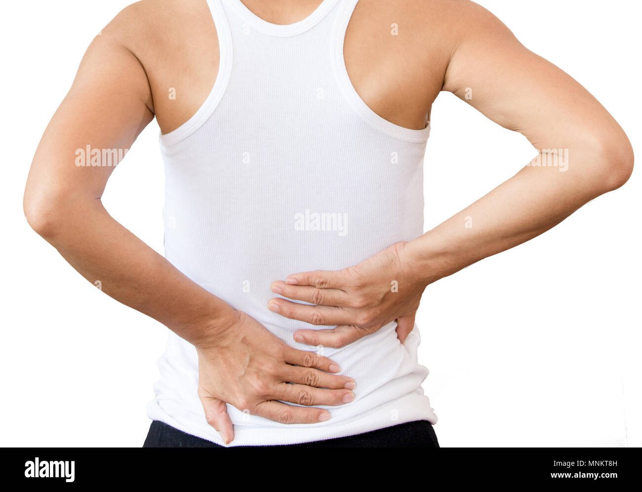 young woman pain at lower back, woman holding two hand on lower back ...