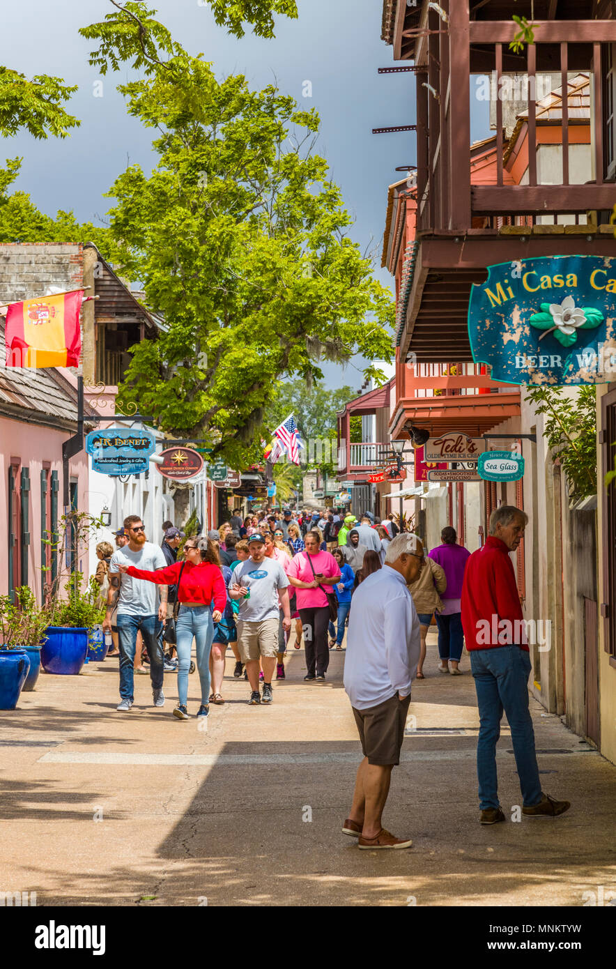 Tourists walking on St George Street in historic St Augustine Florida ...