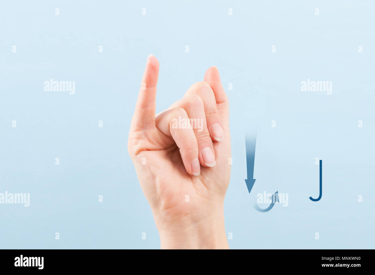 American sign language. Female hand showing letter J isolated on blue ...