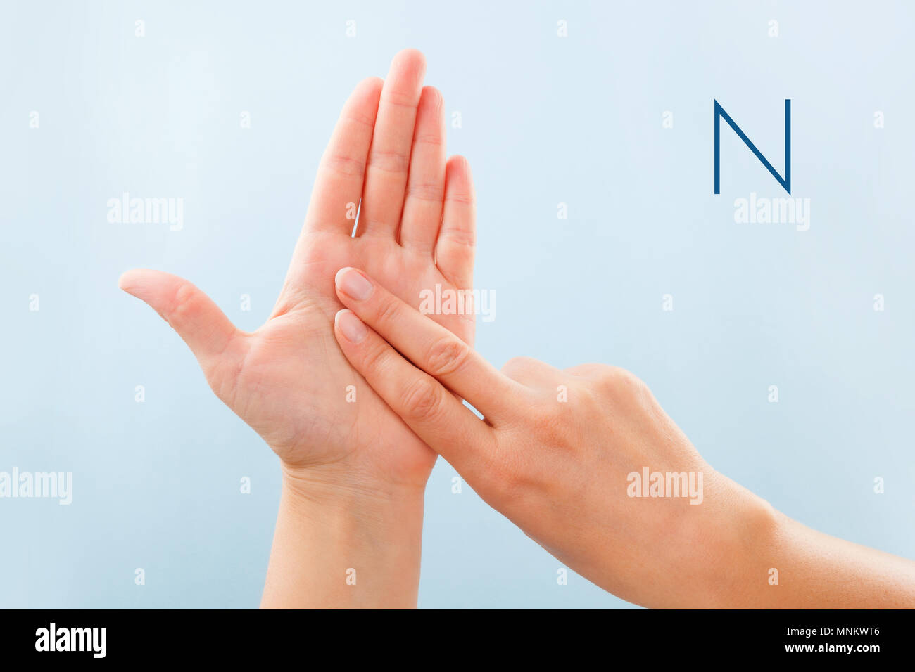 Fingerspelling alphabet. Female hands isolated on blue background ...