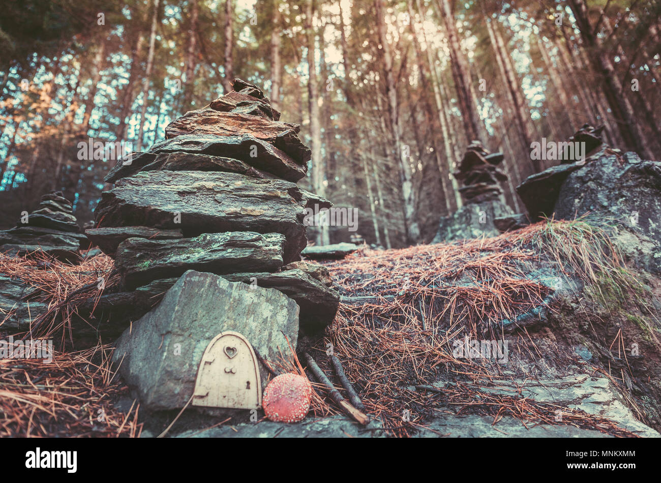 Stone towers in the forest in Autumn Stock Photo - Alamy