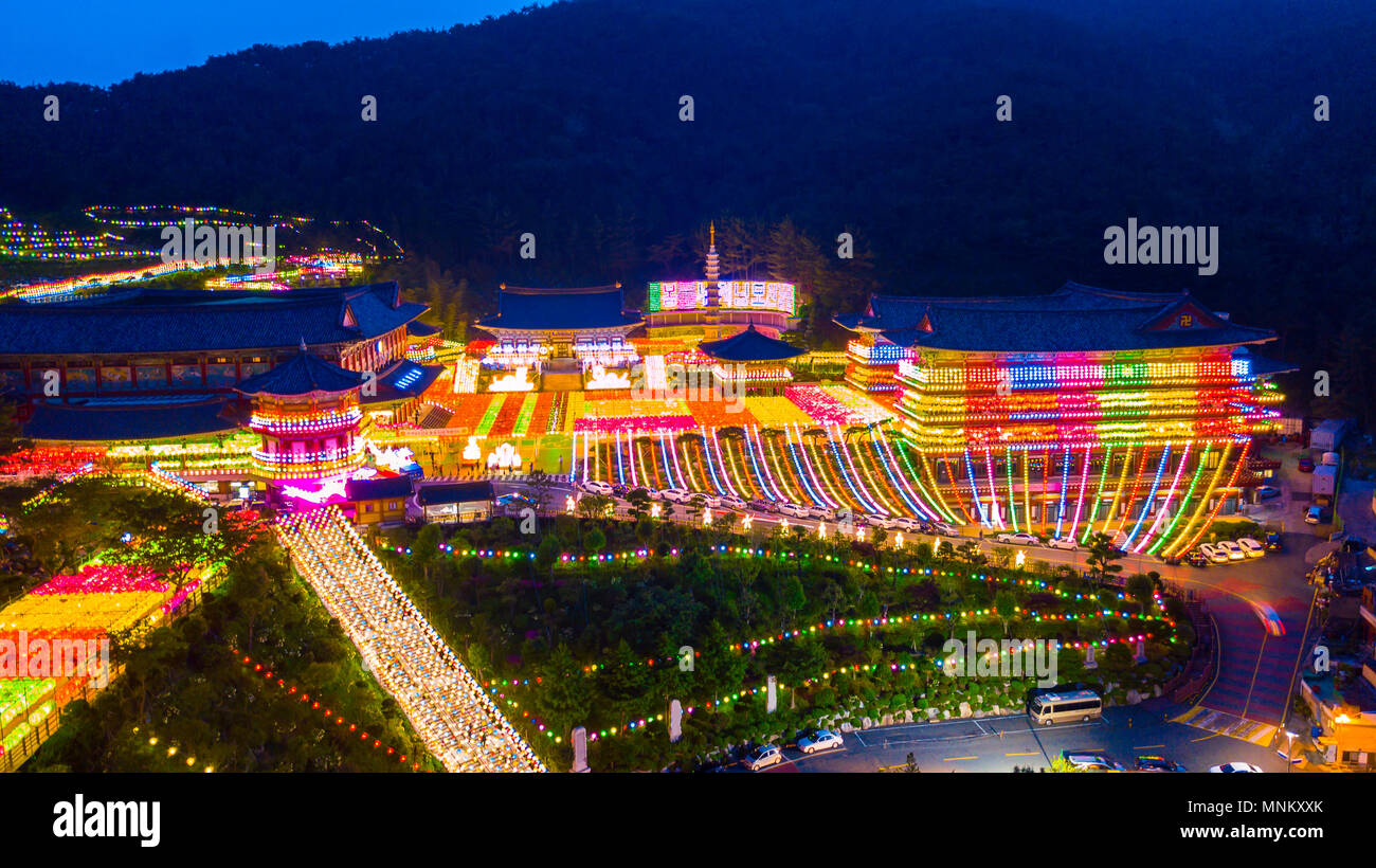 Aerial view of Samgwangsa temple at nighttime in Busan city, South Korea.Thousands of paper ...
