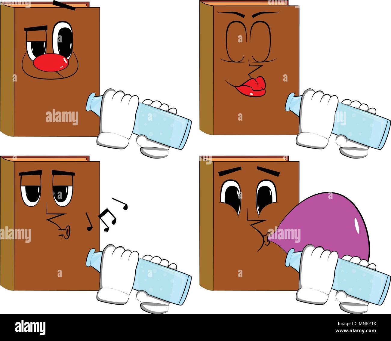 Books drinkig water from a glass bottle. Cartoon book collection with ...