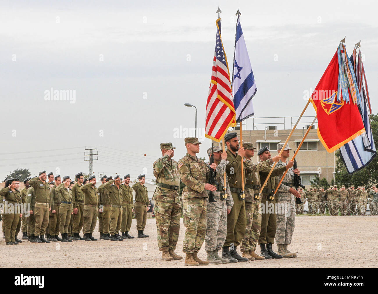 U.S. and Israeli color guard members present their national and service ...