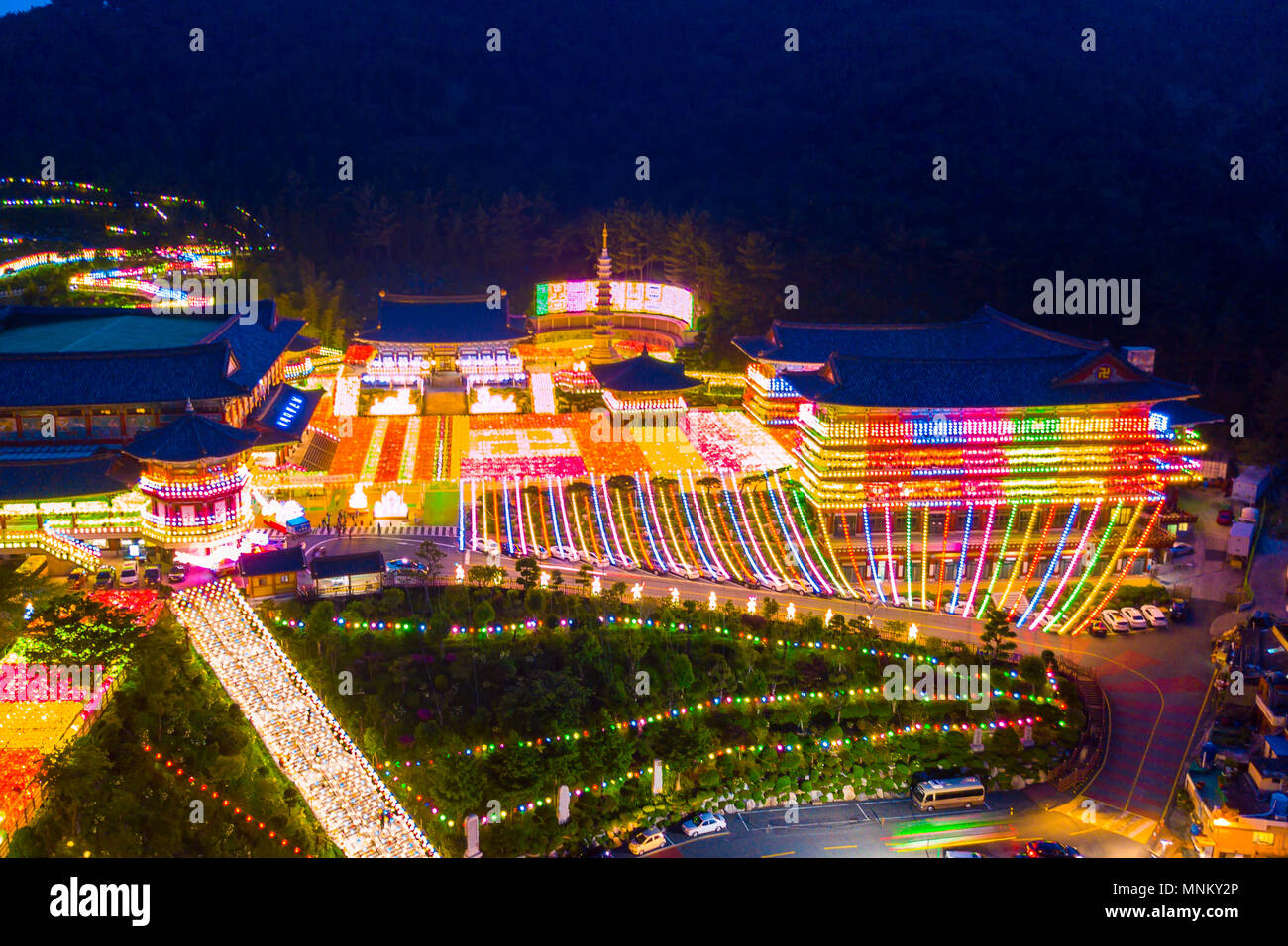 Aerial view of Samgwangsa temple at nighttime in Busan city, South Korea.Thousands of paper ...