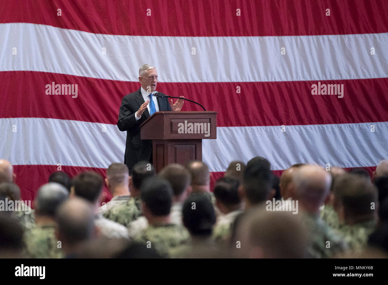 Defense Secretary James N. Mattis speaks to service members during a ...