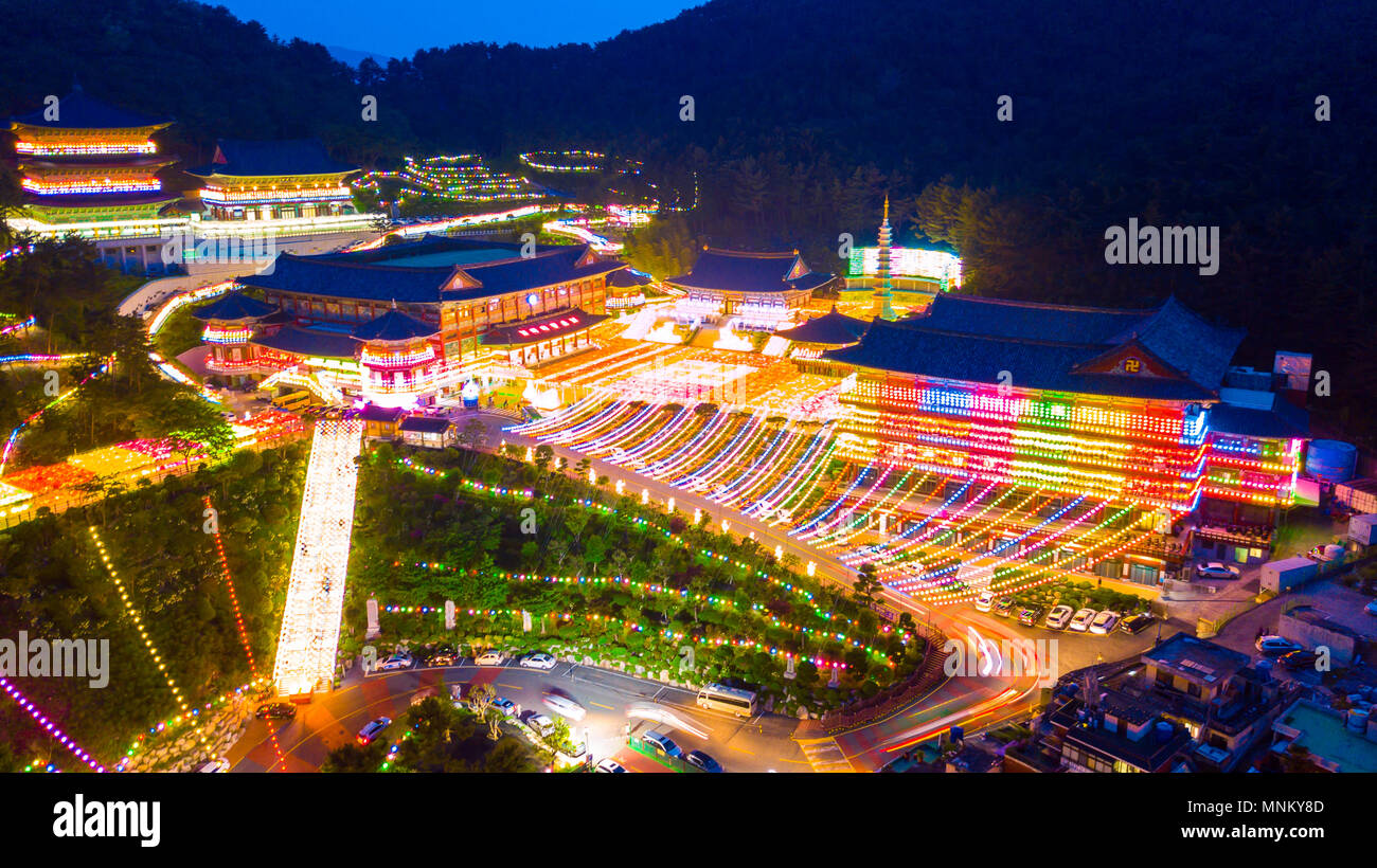 Aerial view of Samgwangsa temple at nighttime in Busan city, South Korea.Thousands of paper ...