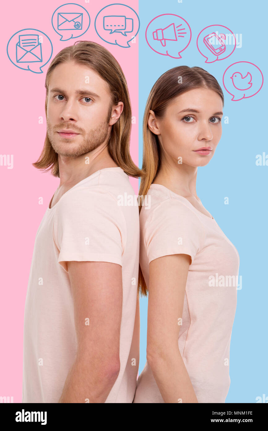 Confident people wearing similar clothes and relying on social networks ...