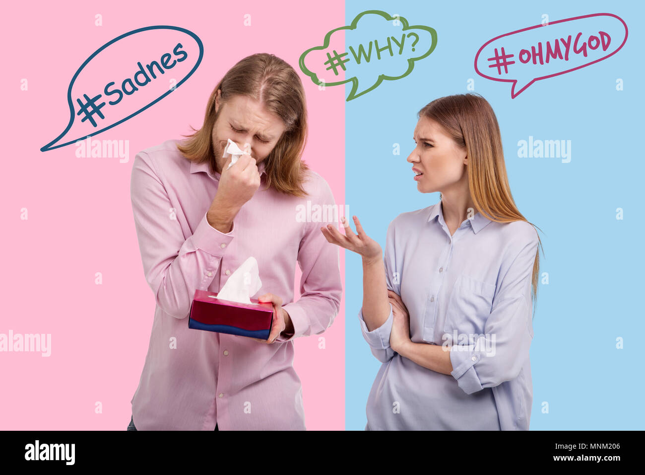 Irritated woman frowning while talking to her crying husband Stock ...