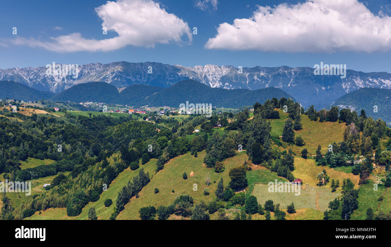 Summer alpine Transylvania landmark, landscape with green fields and ...