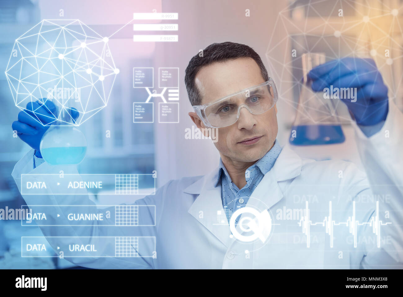 Clever scientists holding two flasks and comparing the liquids in them ...