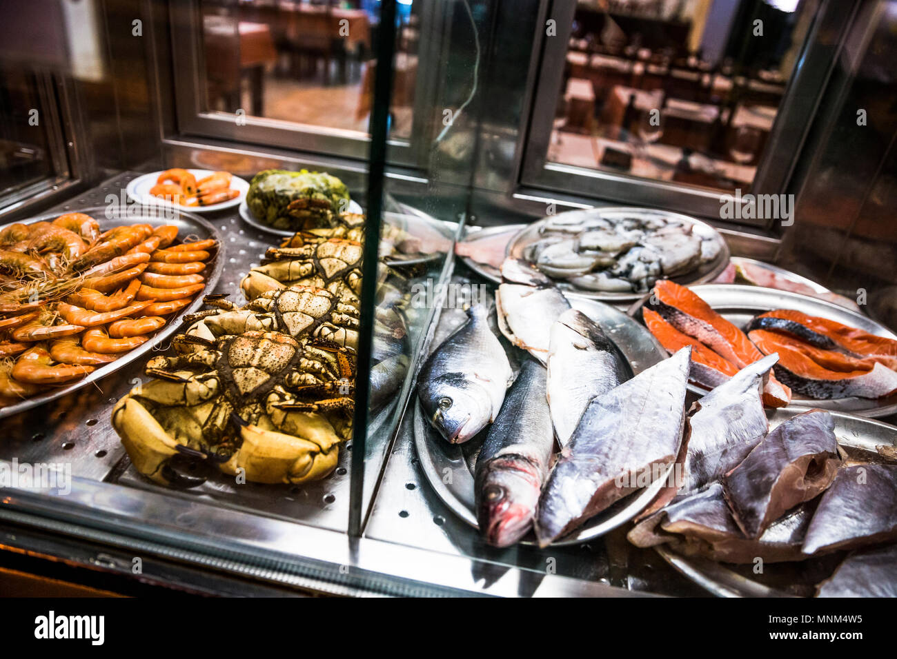 Typical seafood restaurant window display in Lisbon, Portugal Stock ...