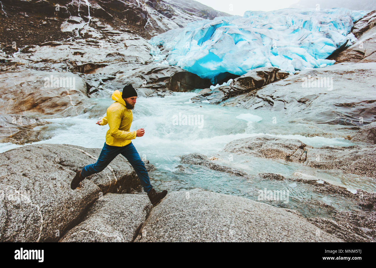 Running Man in glacier mountains travel adventure active healthy ...