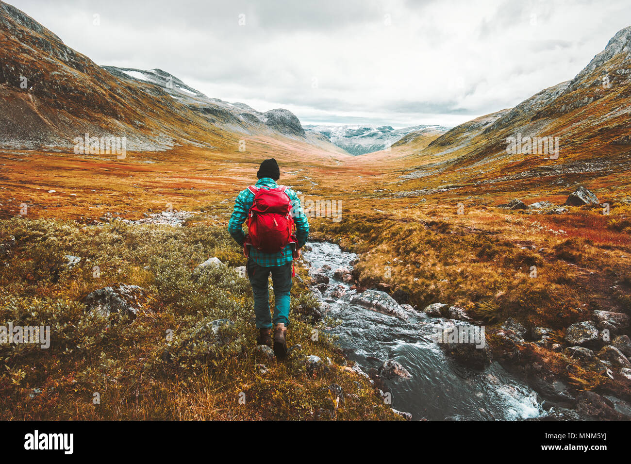 Traveling Man tourist with backpack hiking in mountains landscape ...