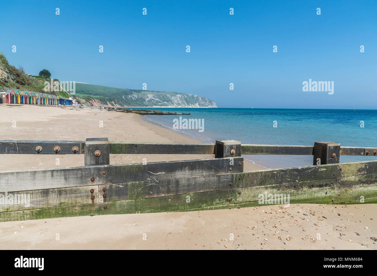 Seaside beach scenes along the promenade in the Dorset town of Swanage ...