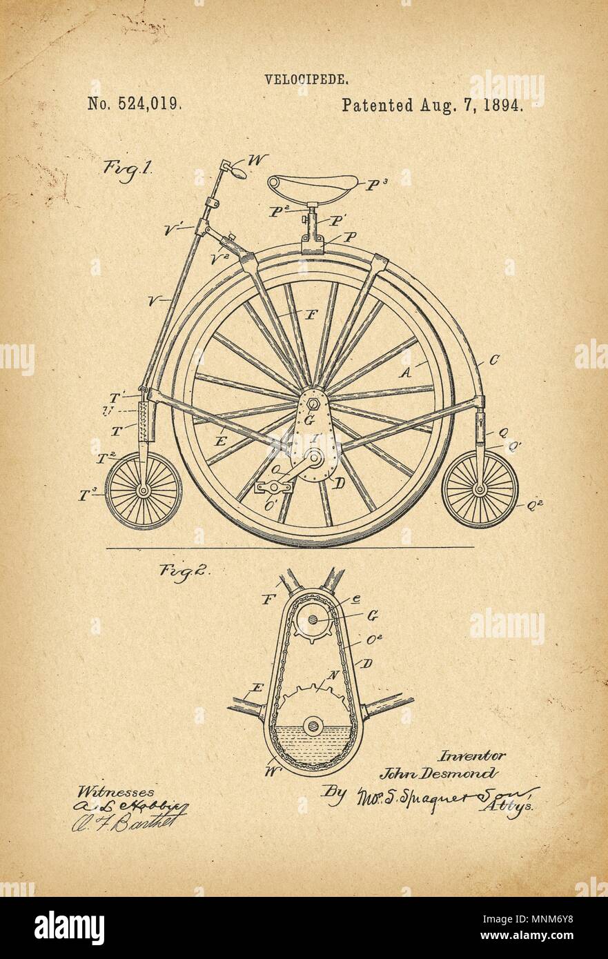 1894 Patent Velocipede Bicycle Unicycle history invention Stock Photo ...
