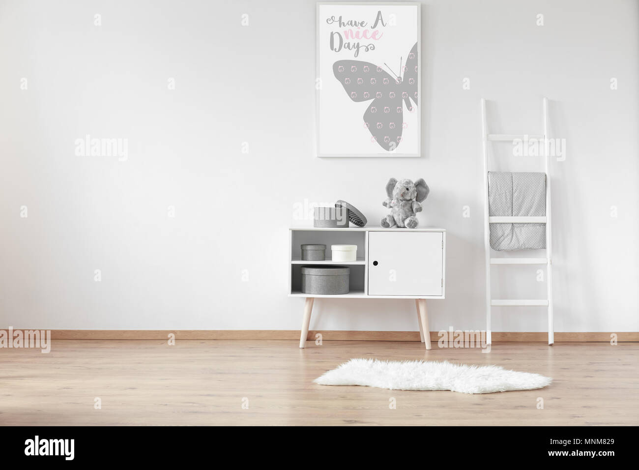 White wooden cupboard with round cardboard boxes and fluffy rug in the ...