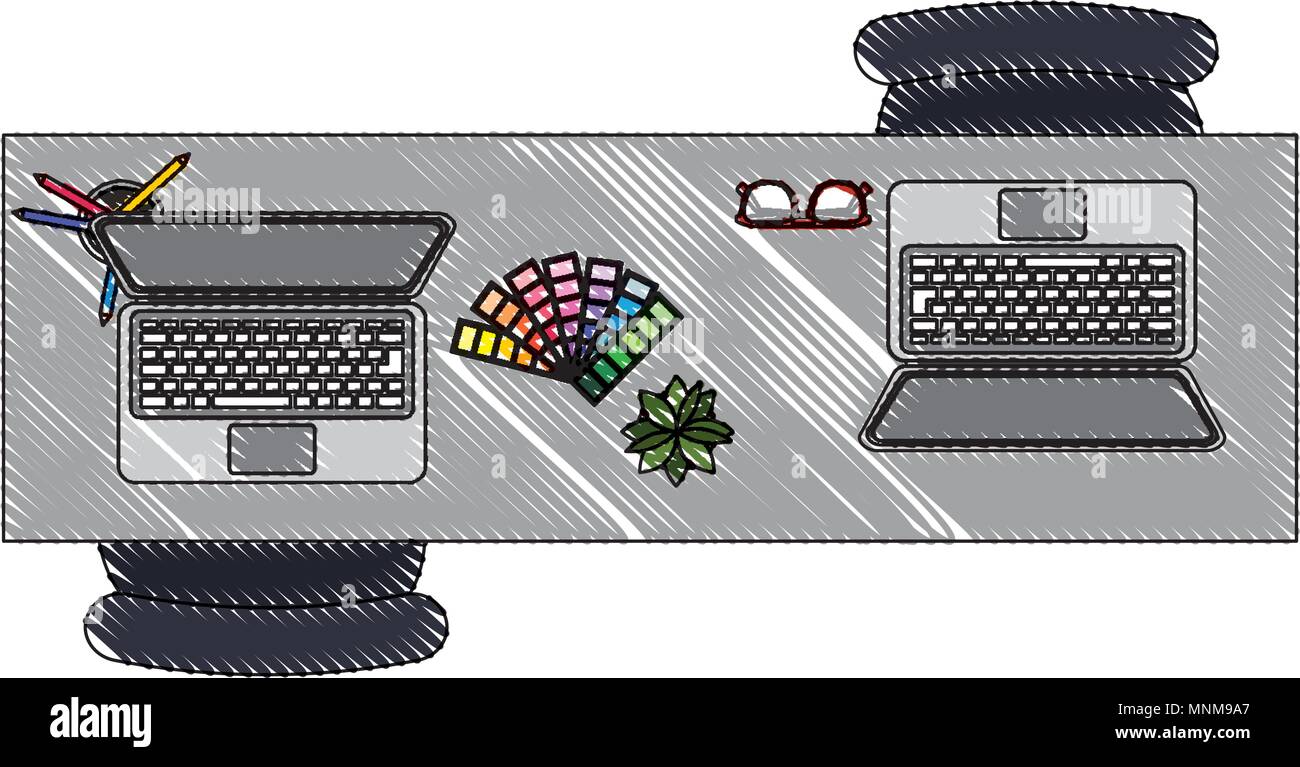 aerial view of desk with laptops computer and objects Stock Vector ...