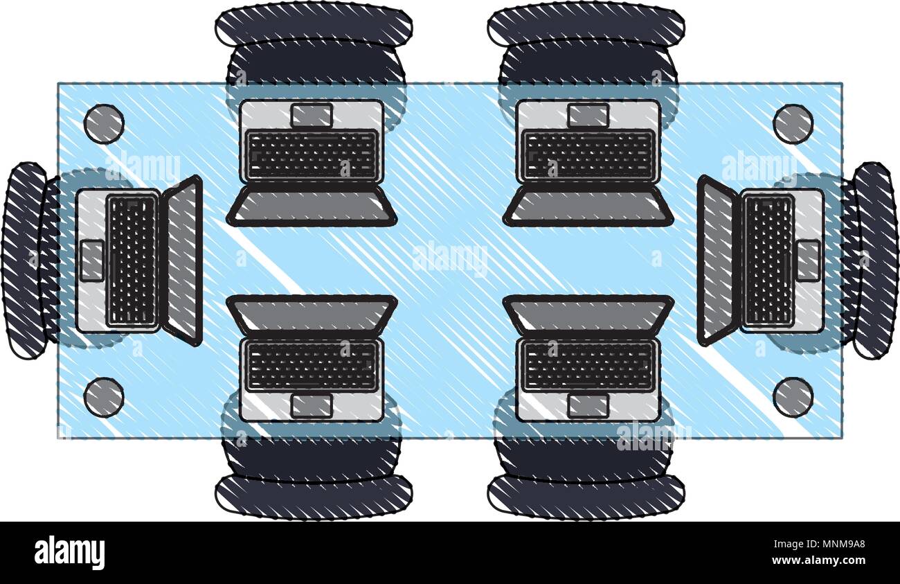 aerial view of work table with laptops computer and chairs office Stock ...