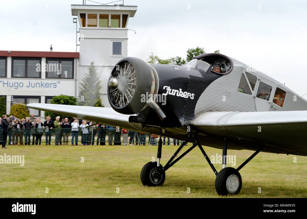 18 May 2018, Germany, Dessau-Rosslau: A replica of a Junkers F 13 ...